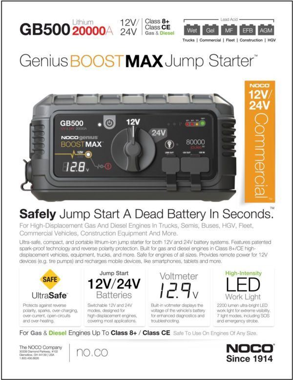 NOCO Genius GB500 -20000A – 12V and 24V Boost Max UltraSafe Lithium ...